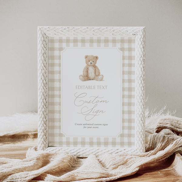 Neutral Gingham Teddy Bear Baby Shower Custom Sign - Little Folk Printables