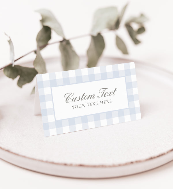 Editable Blue Gingham Baby Shower Tent Card Template - Little Folk ...