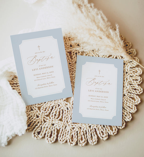 Minimalist Blue Border Baptism Invitation Template - Little Folk Printables