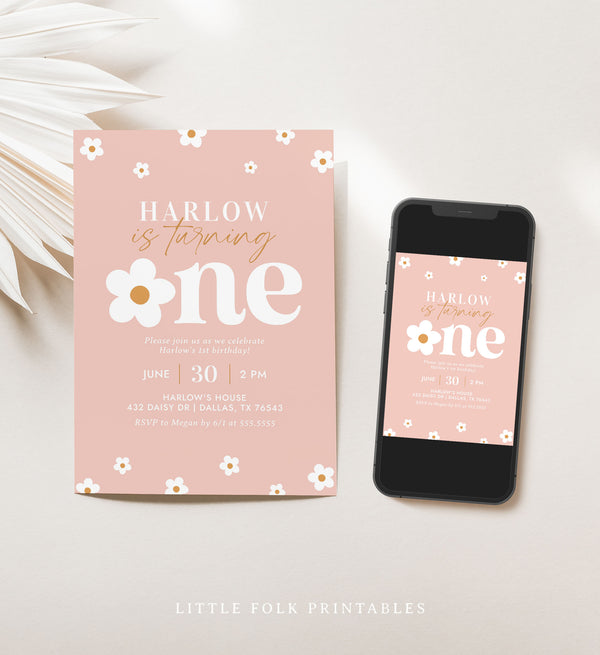 Editable Pink Daisy 1st Birthday Invitation Template - Little Folk ...