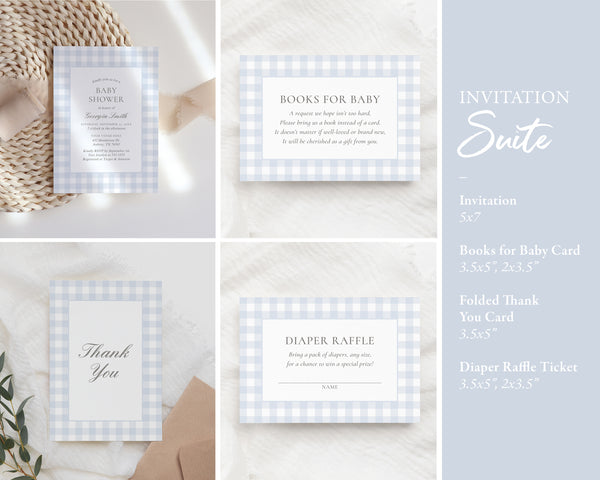 Editable Blue Gingham Baby Shower Invitation Bundle - Little Folk ...