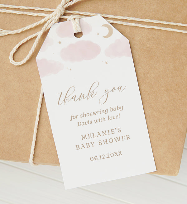 Editable Pink Moon and Stars Baby Shower Favor Tag Template - Little ...