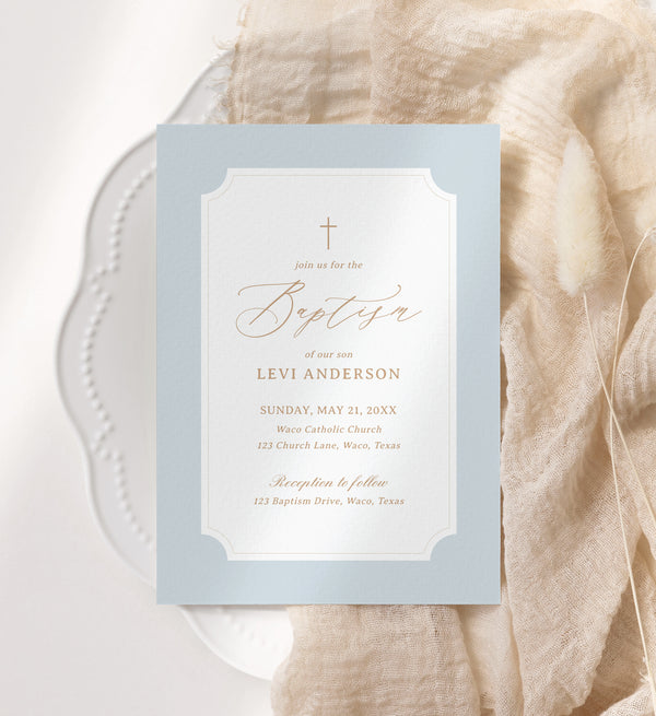 Minimalist Blue Border Baptism Invitation Template - Little Folk Printables