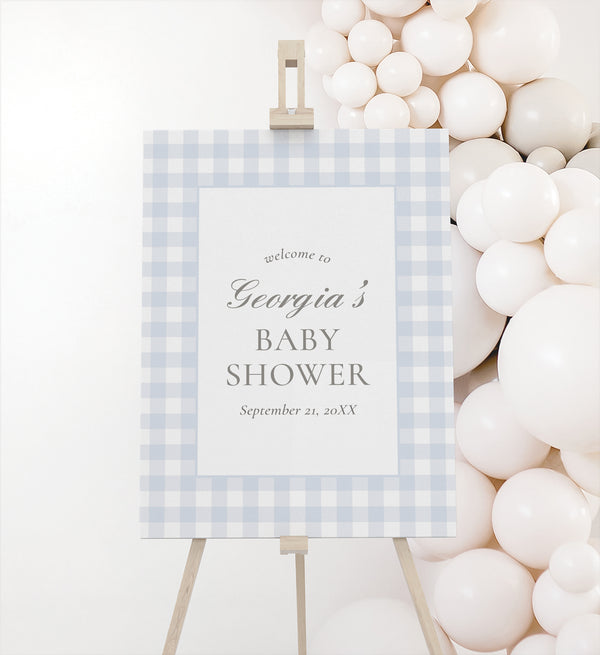 Editable Blue Gingham Baby Shower Welcome Sign Template - Little Folk ...