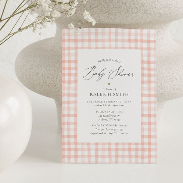 Editable Pink Watercolor Gingham Baby Shower Invitation Template ...