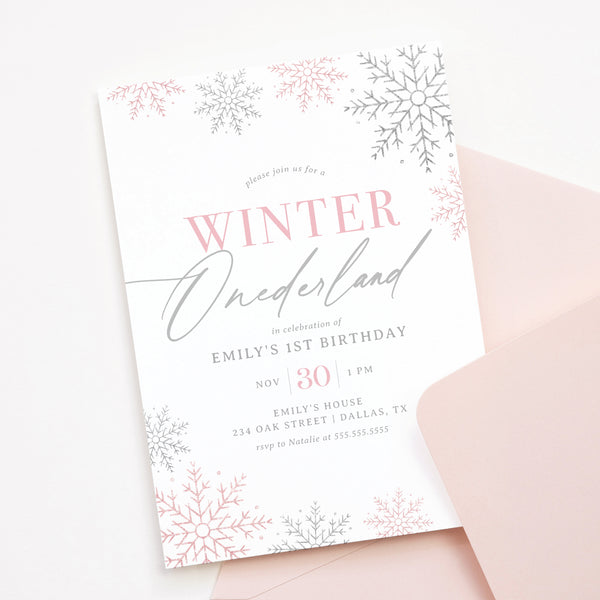 Editable Pink Winter Onederland Birthday Party Invitation Template ...