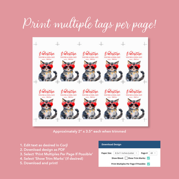 Cool Cat Valentine's Tag Template - Little Folk Printables