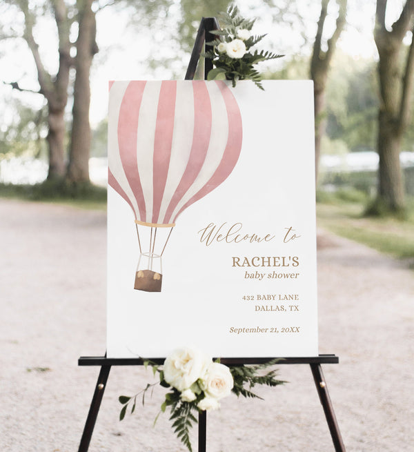 Editable Pink Hot Air Balloon Baby Shower Welcome Sign Template ...