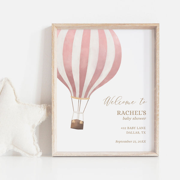 Editable Pink Hot Air Balloon Baby Shower Welcome Sign Template ...