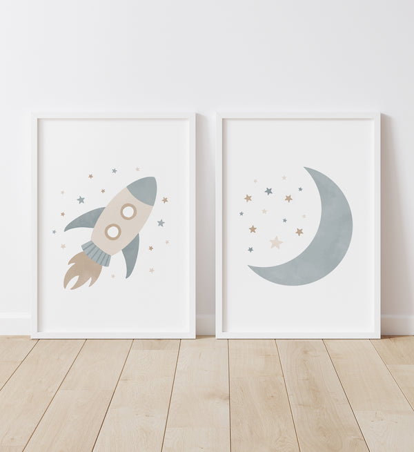 Rocket Ship and Moon Set of 2 Prints - BNCP - Little Folk Printables