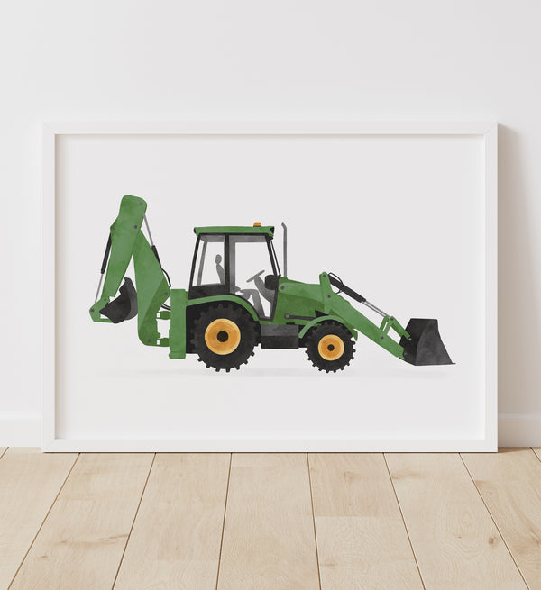 Backhoe Loader Horizontal Print - Green - Little Folk Printables
