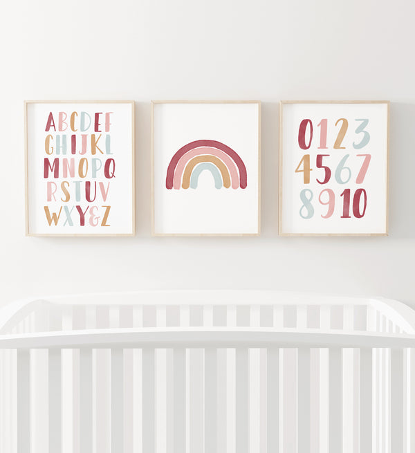 Rainbow, Alphabet & Numbers Set of 3 Prints - Hot Pink - Little Folk ...